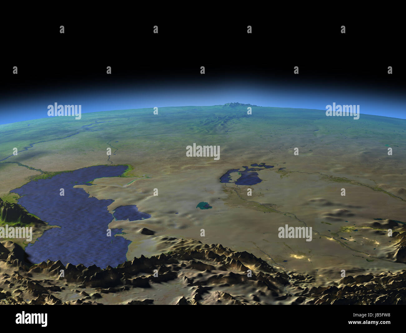 Early morning above Central Asia from Earth's orbit in space. 3D ...