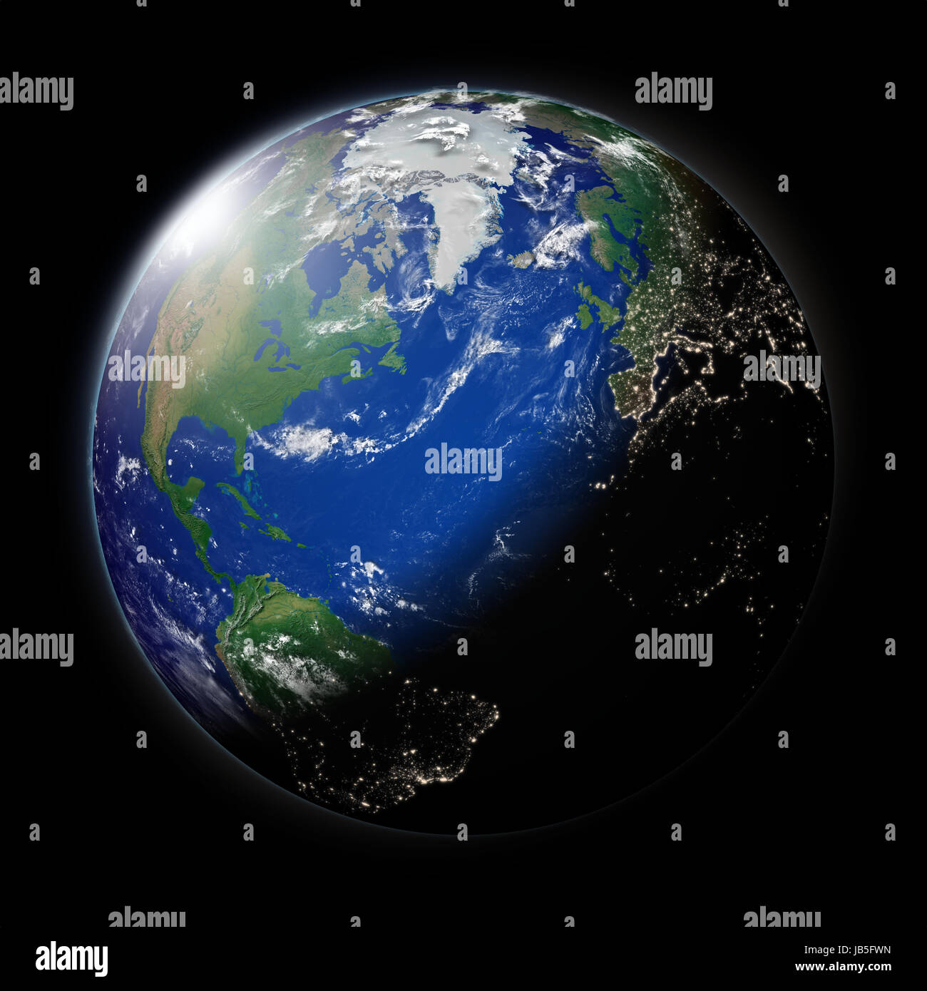 Northern hemisphere on blue planet Earth isolated on black background ...