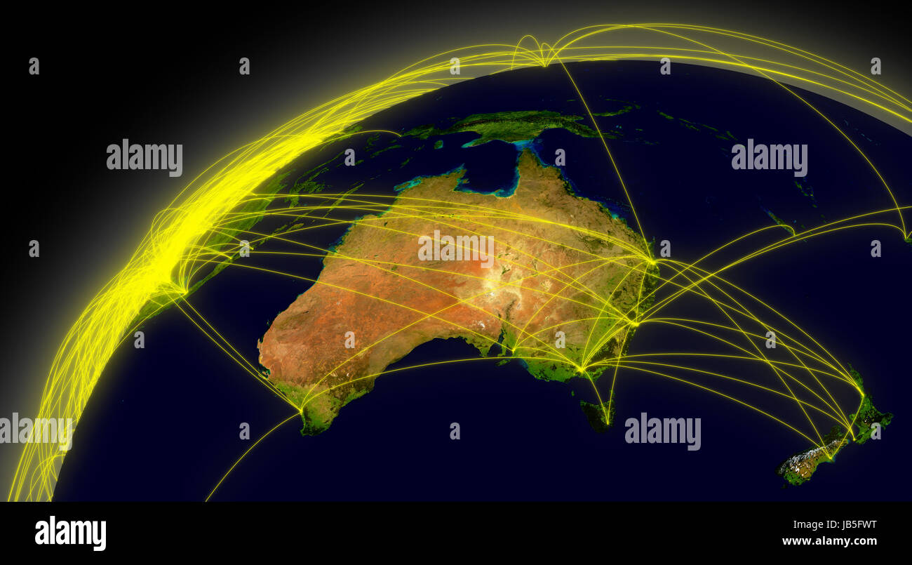 Australia viewed from space with connections representing main air ...