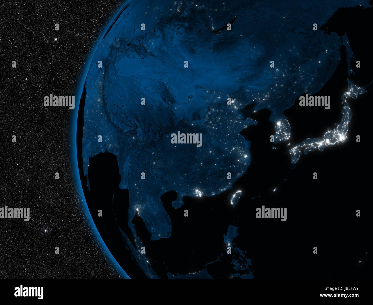Night in East Asia region with city lights viewed from space. Elements ...