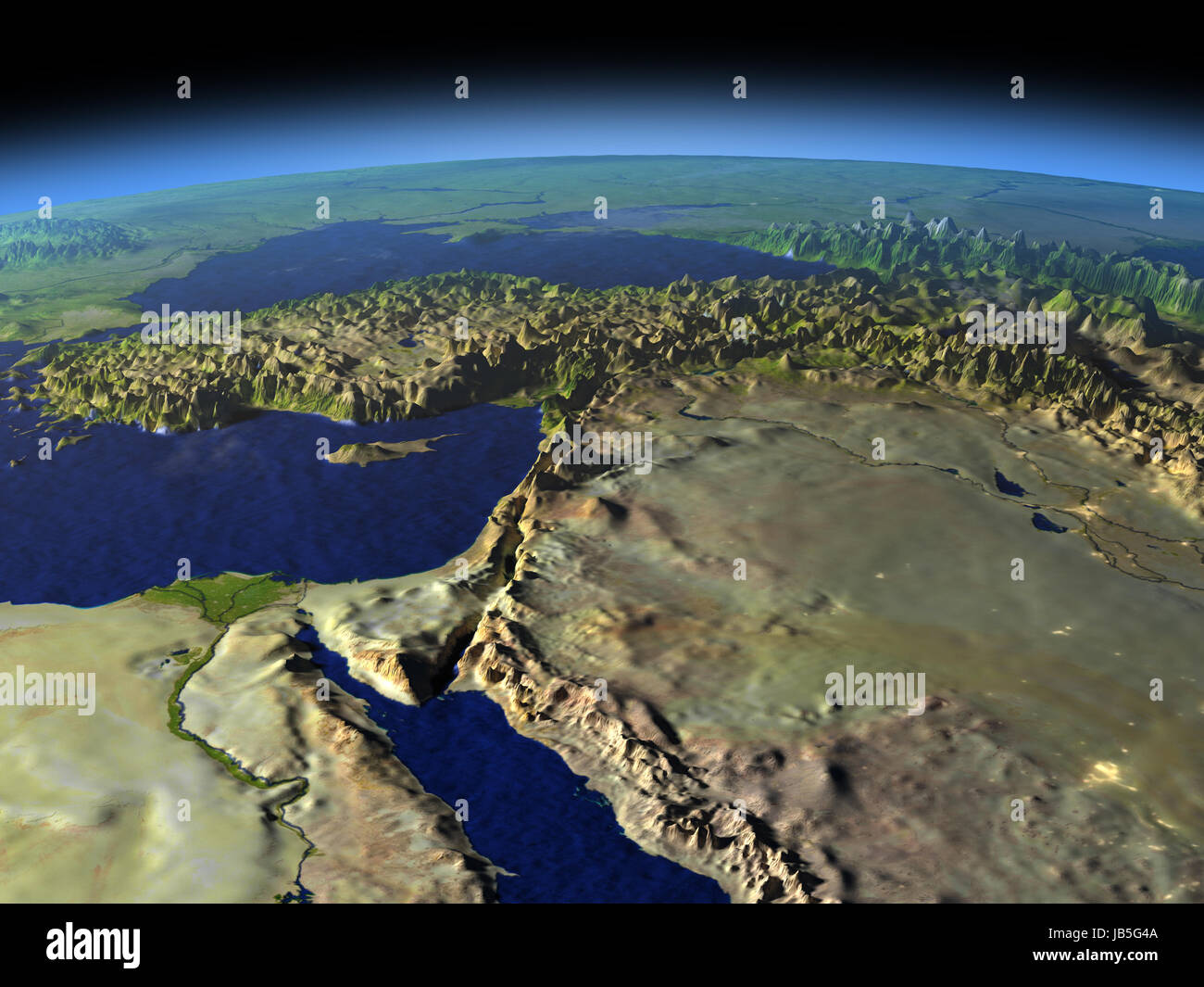 Early morning above Middle East from Earth's orbit in space. 3D ...