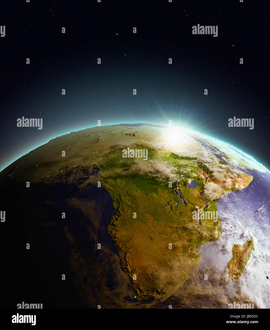 Africa from Earth's orbit in space just as the sun rises. 3D ...
