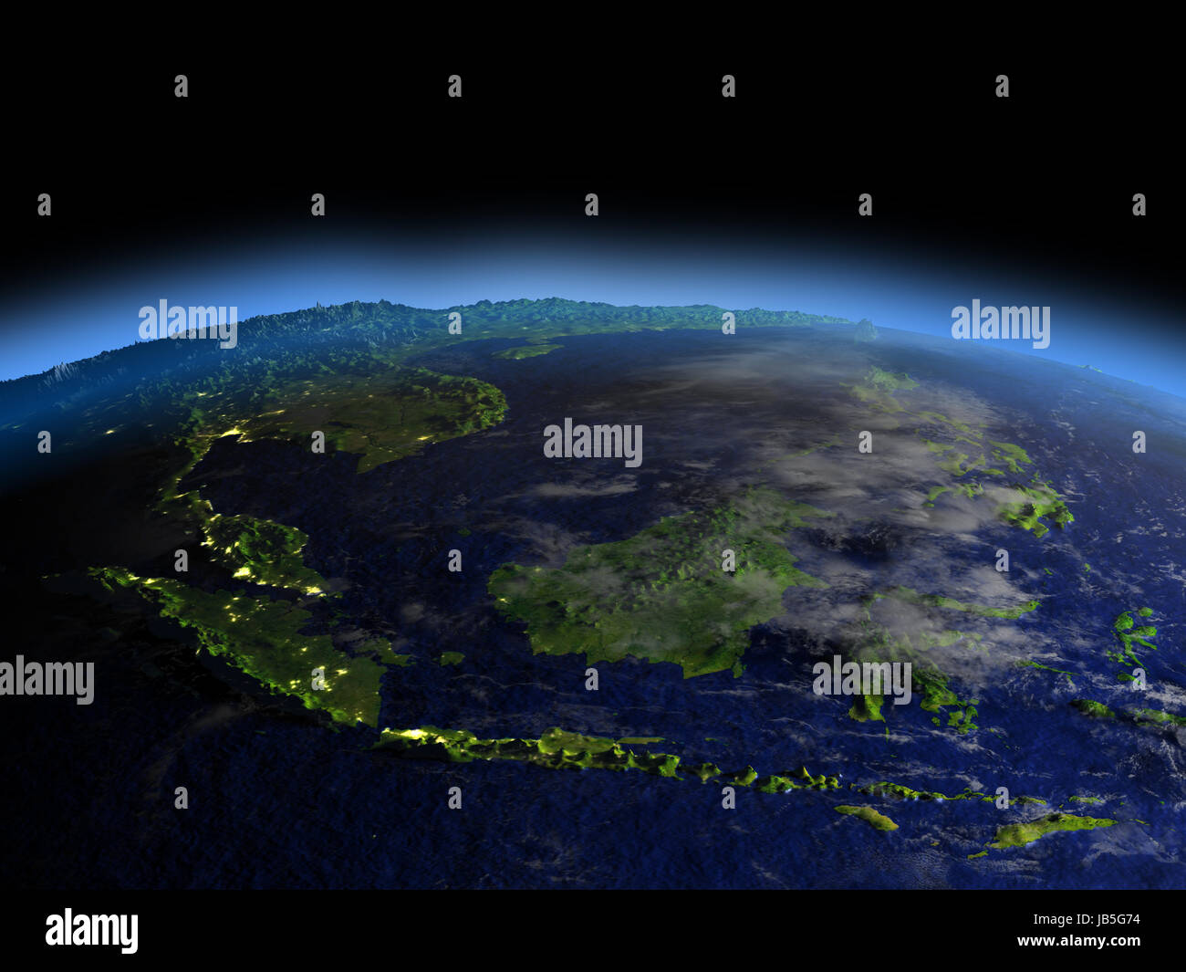 Early morning above Indonesia from Earth's orbit in space. 3D ...