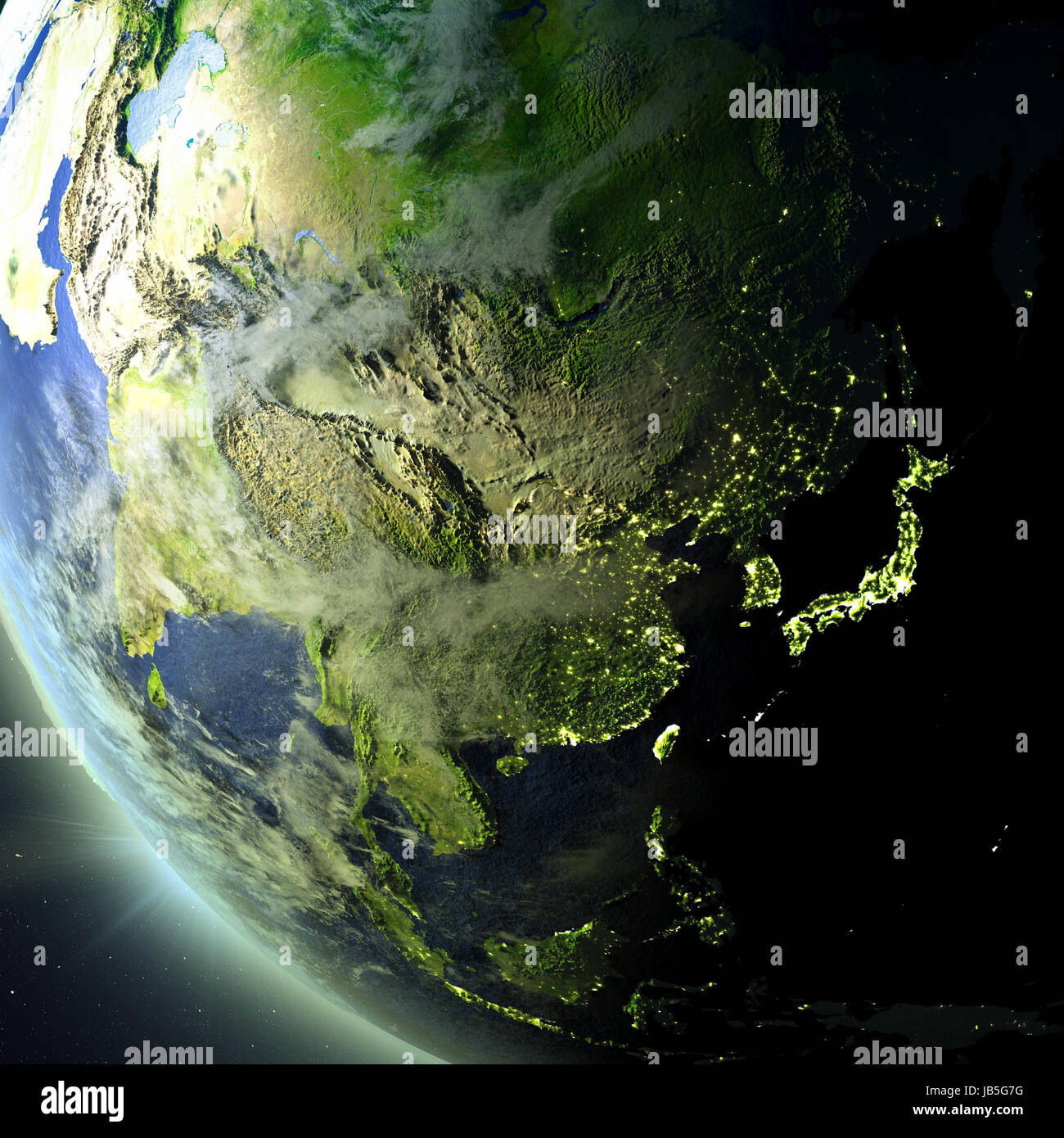 East Asia from Earth's orbit in space. 3D illustration with detailed ...