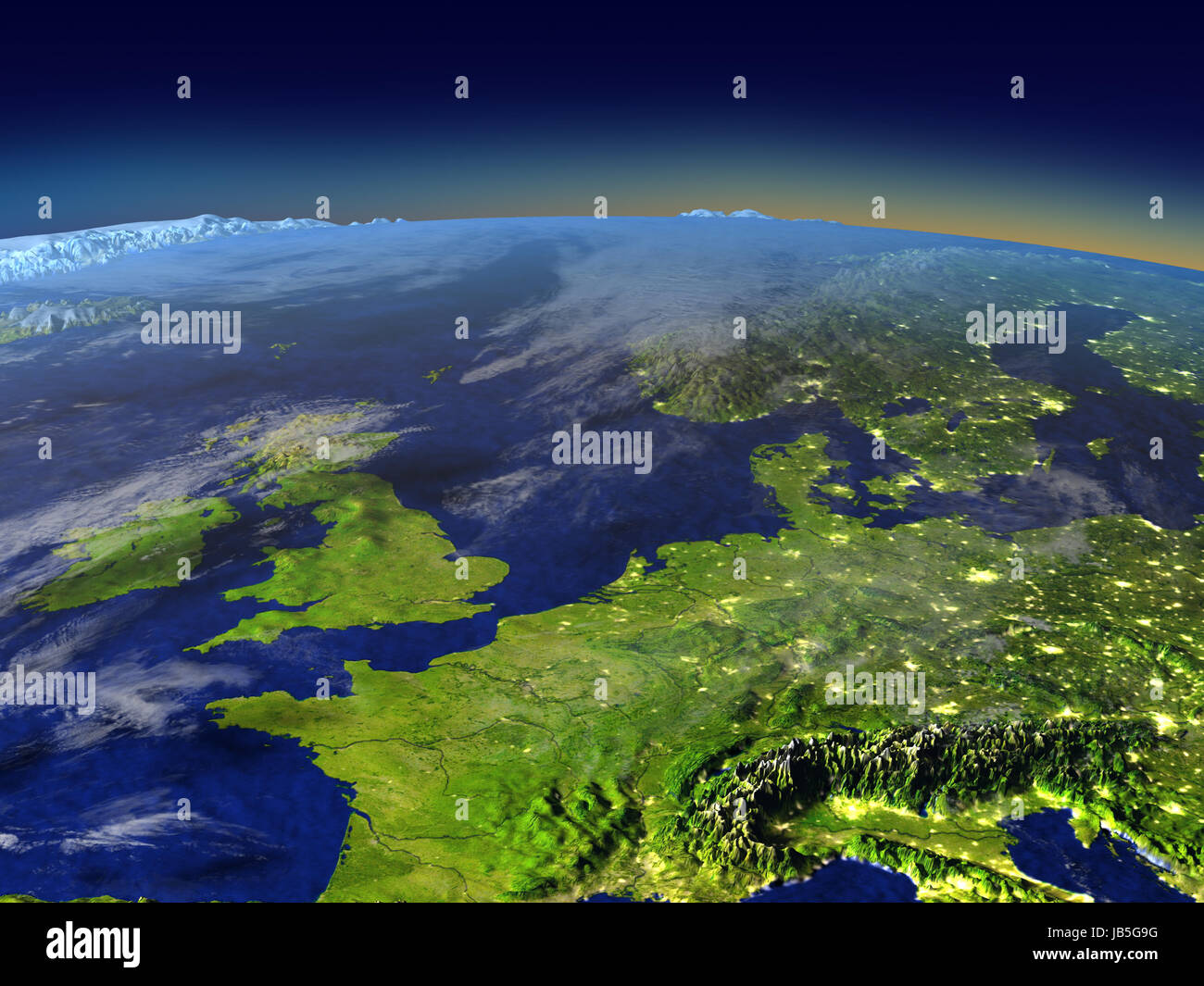 Western Europe from space in the evening sunlight with visible city ...