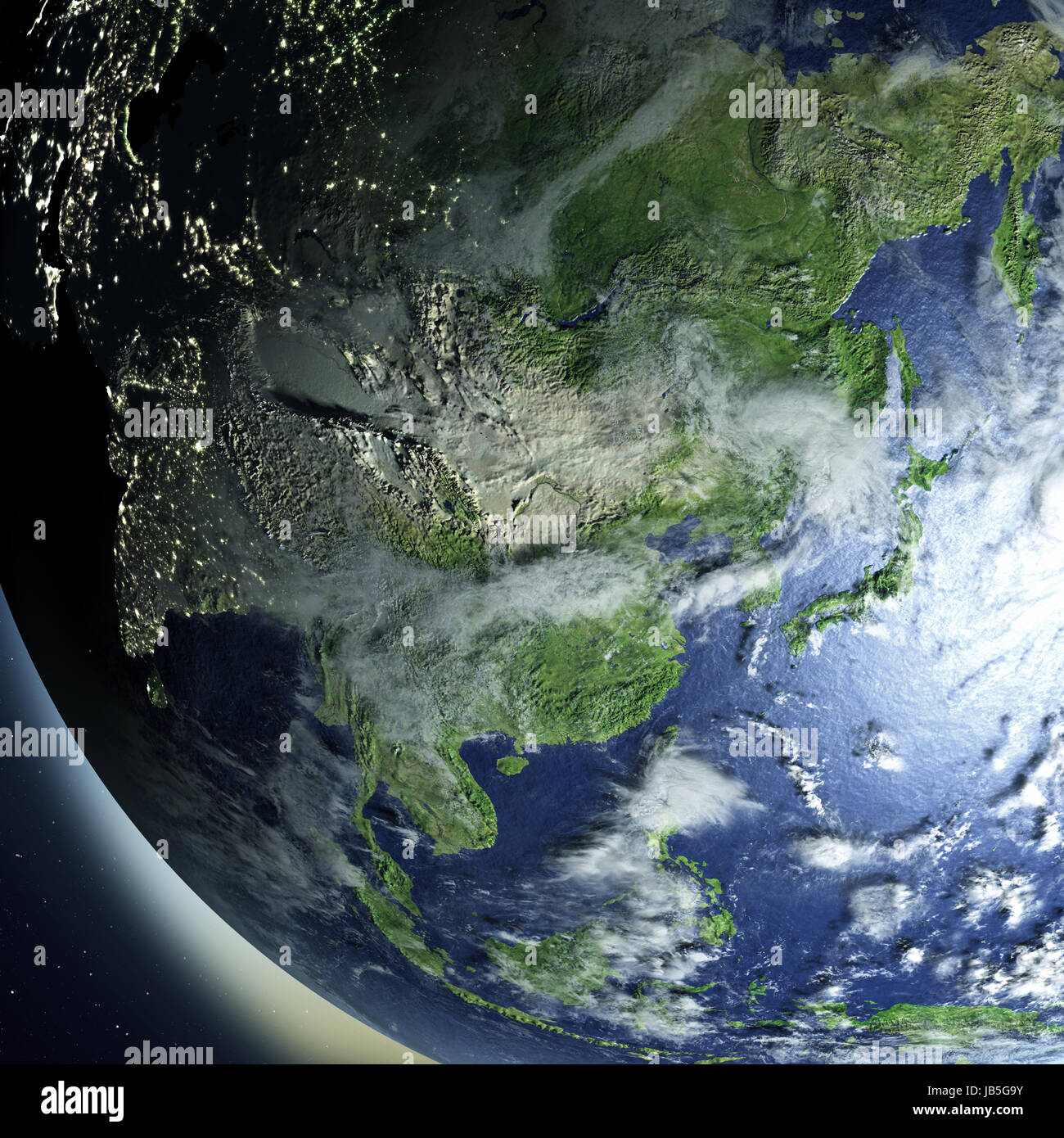 East Asia from Earth's orbit in space. 3D illustration with detailed ...