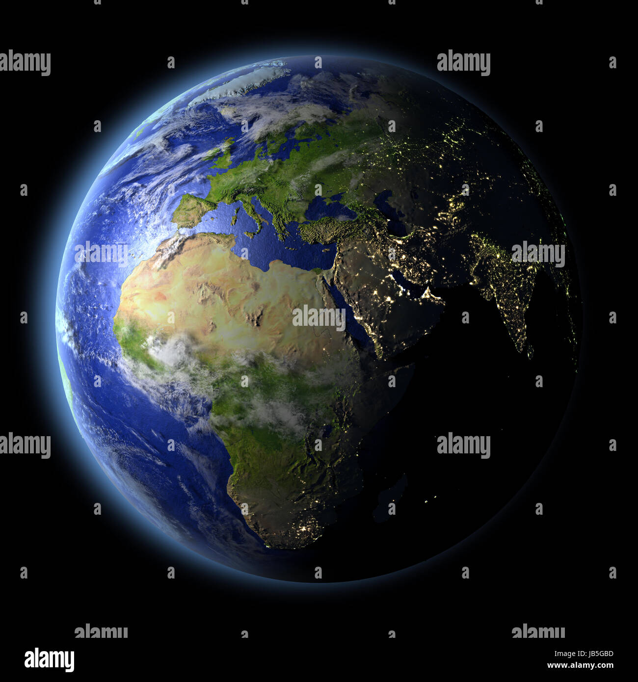 EMEA region from Earth's orbit in space with evening light and visible ...