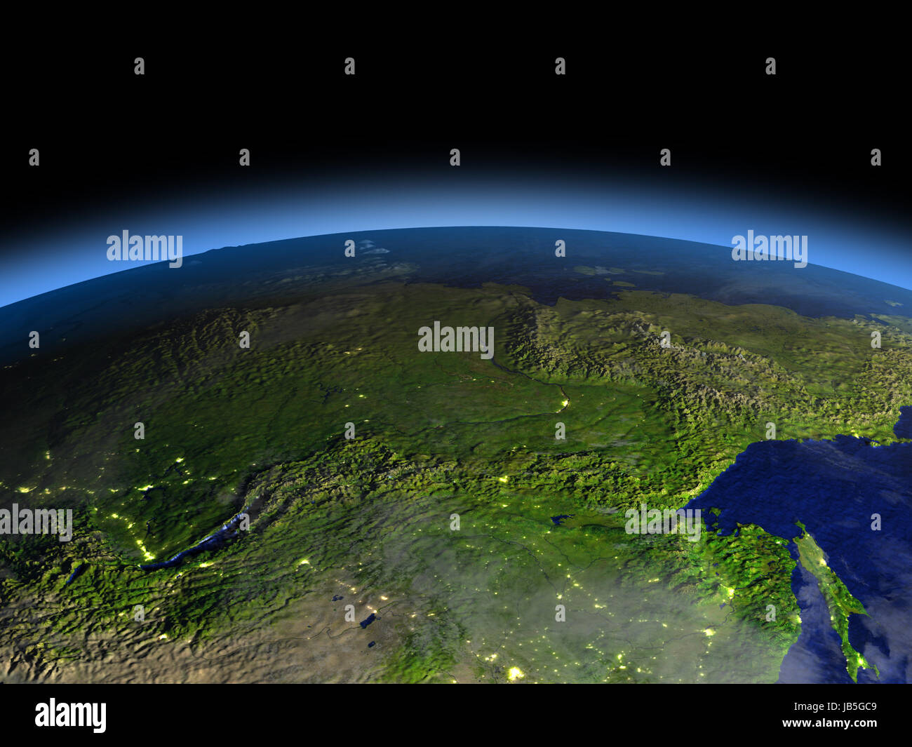 Early morning above Siberia from Earth's orbit in space. 3D ...