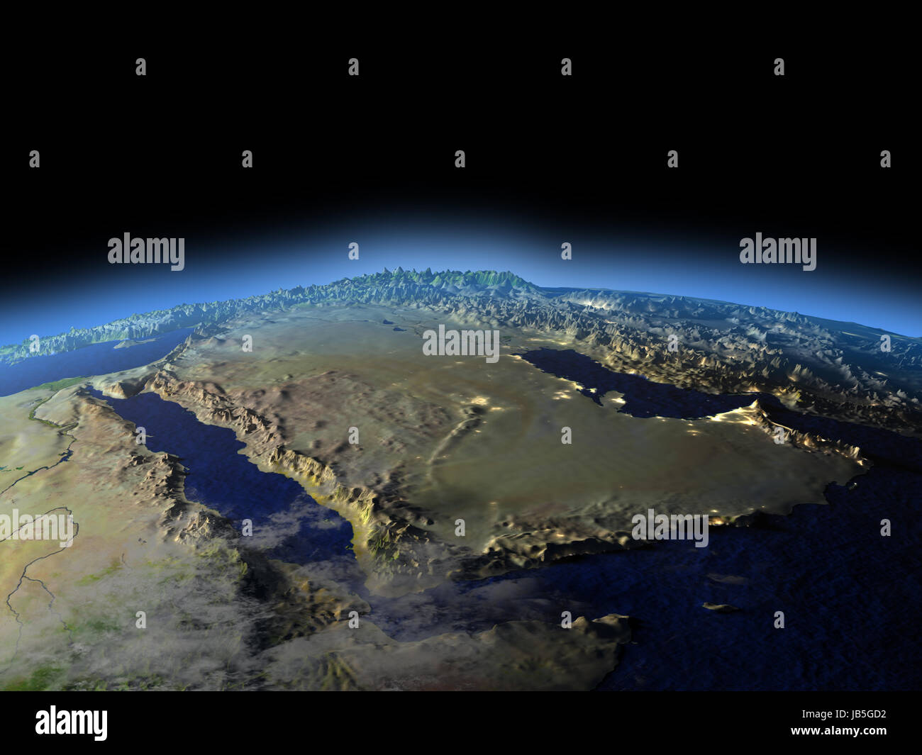 Early morning above Arab Peninsula from Earth's orbit in space. 3D ...