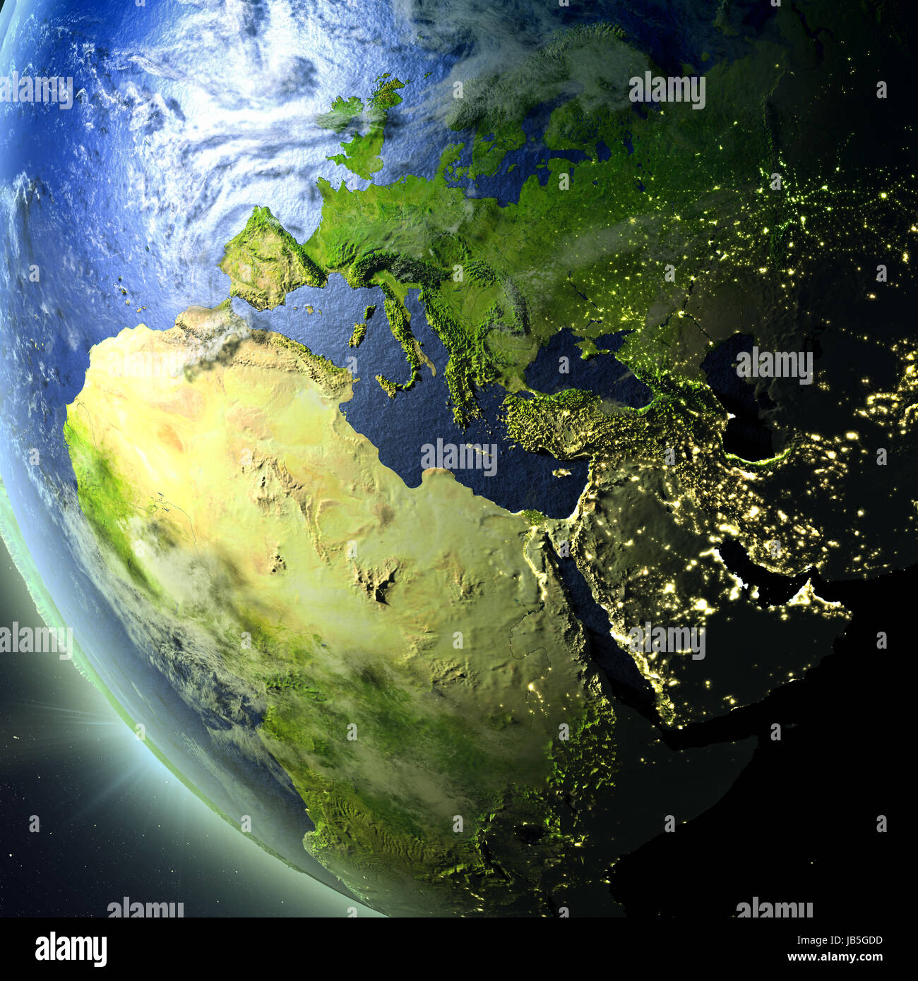 EMEA region from Earth's orbit in space. 3D illustration with detailed ...