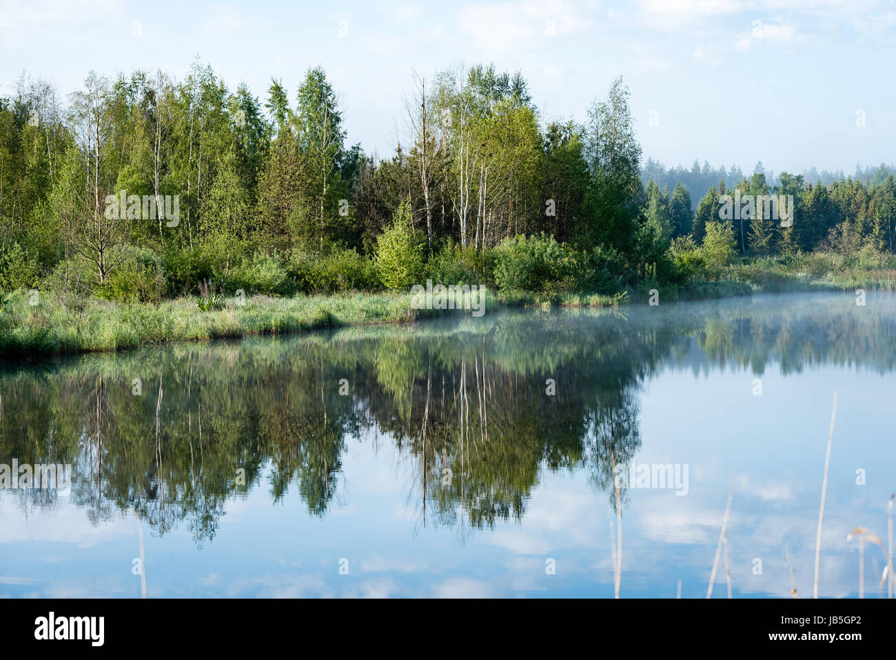 reflections in the lake water at sunrise with morning mist over the ...