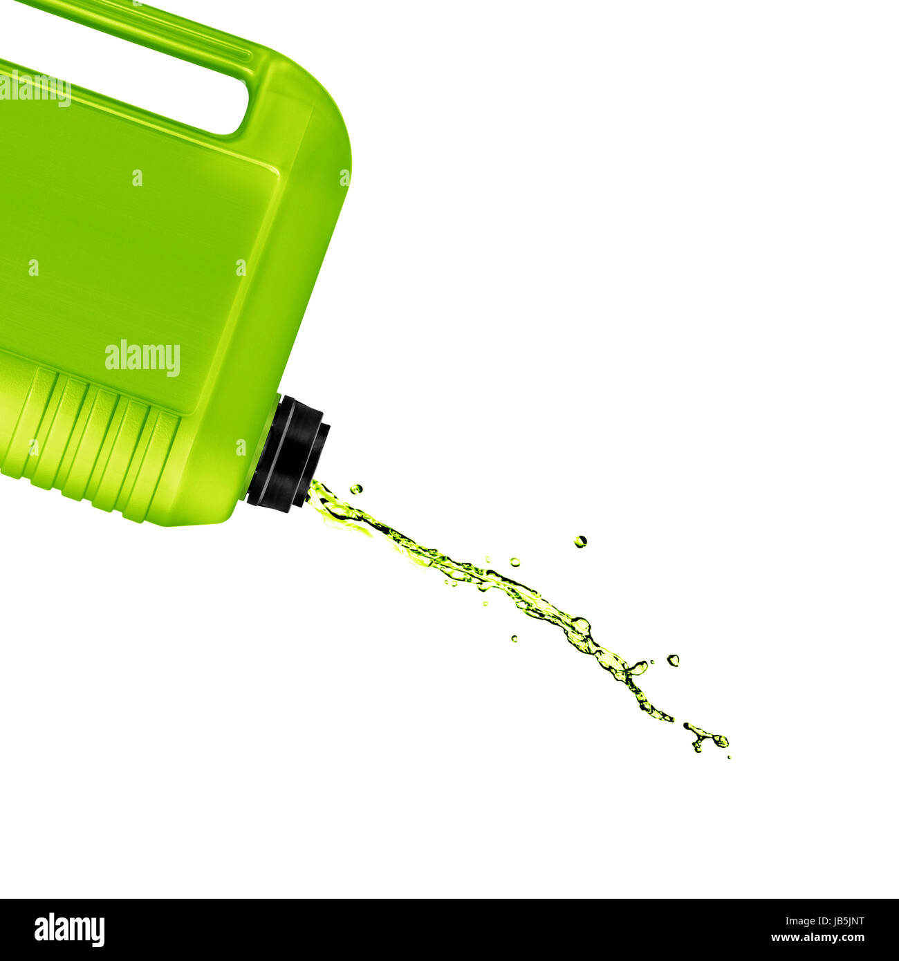 opened plastic gallon, jerry can with splash isolated on a white ...