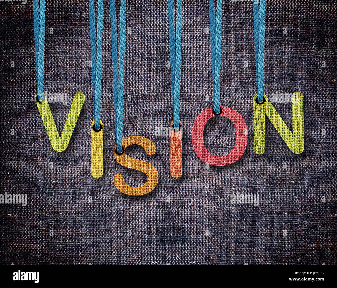 Vision Letters hanging strings with blue sackcloth background Stock ...