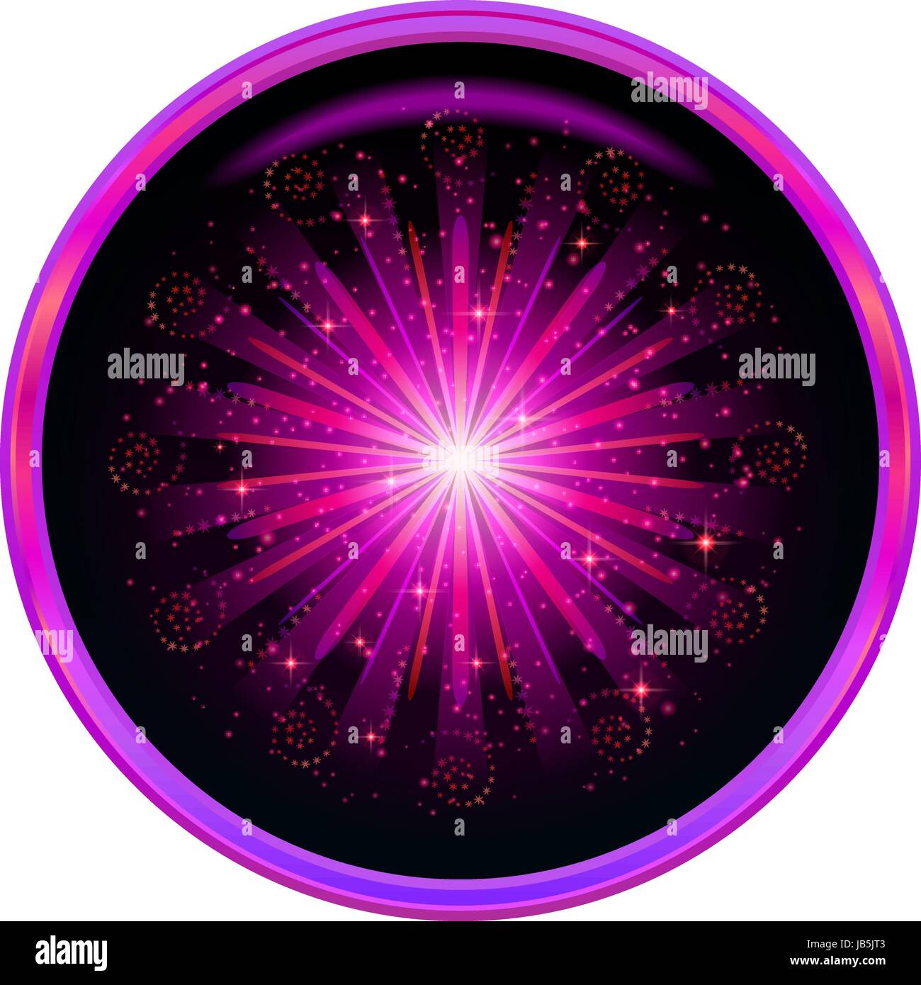 Round button with firework of bright lilac colors on black background ...