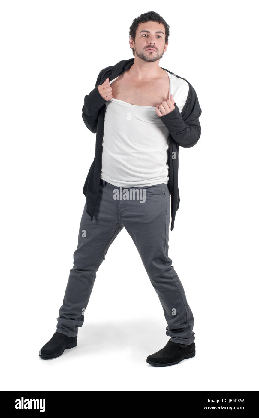 Man man ripping his shirt, isolated on white Stock Photo - Alamy