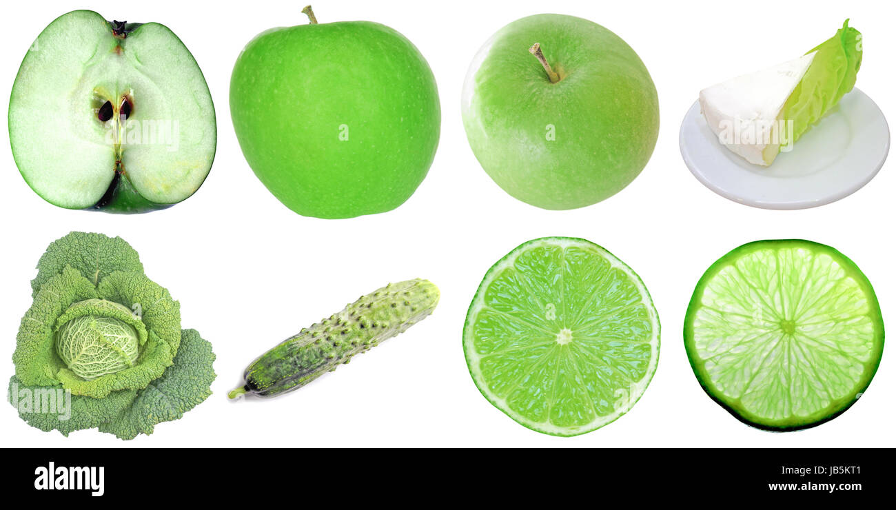 Green food collage set of many vegetarian items isolated over white ...