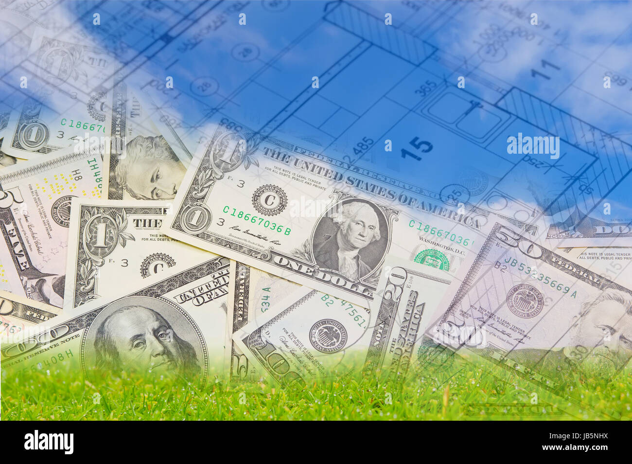 Background with blue sky, green land, blueprint of a house interior and ...