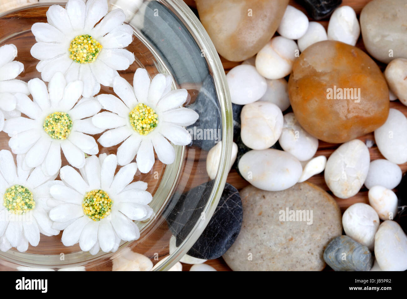 Many stones for decoration and white flowers in water Stock Photo - Alamy