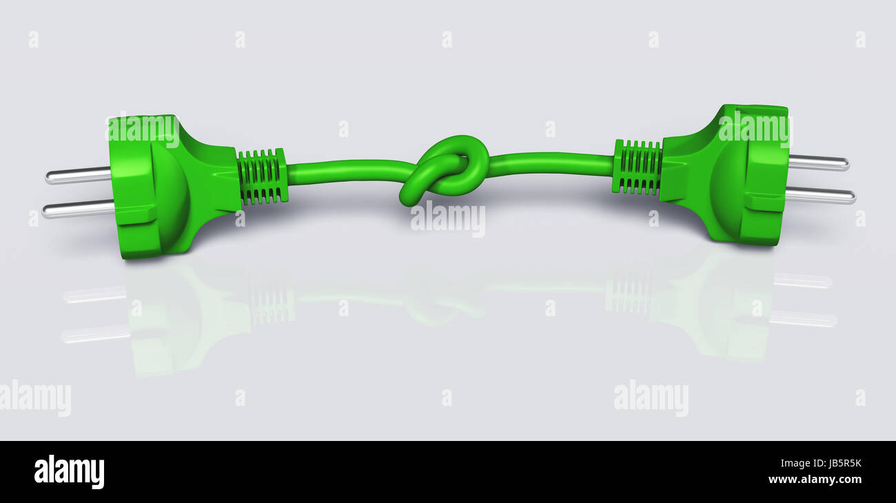 two ecological green plugs are connected by one green knotted cable on ...
