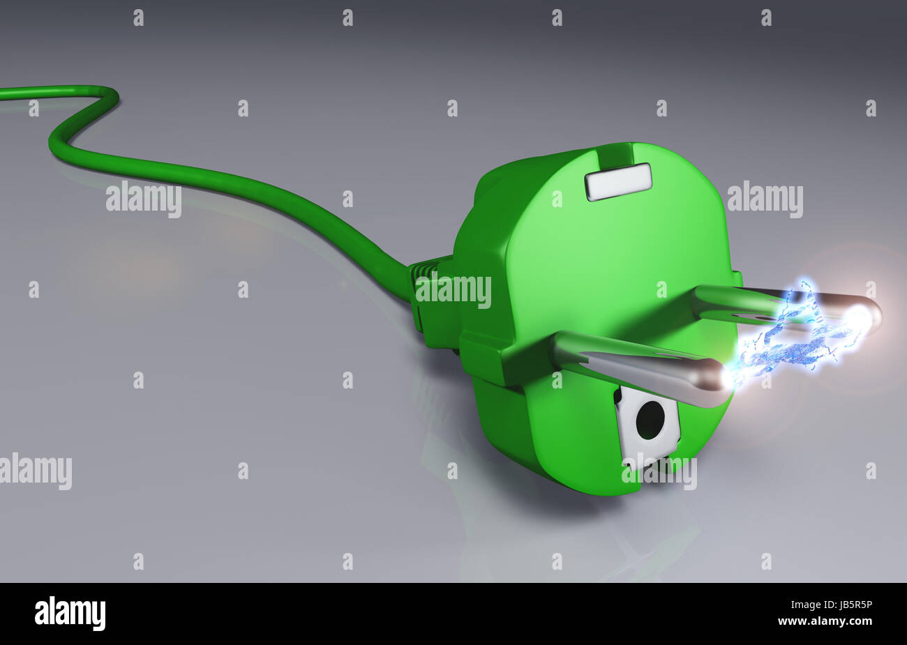 closeup of a ecological green plug with a high voltage arc between its ...
