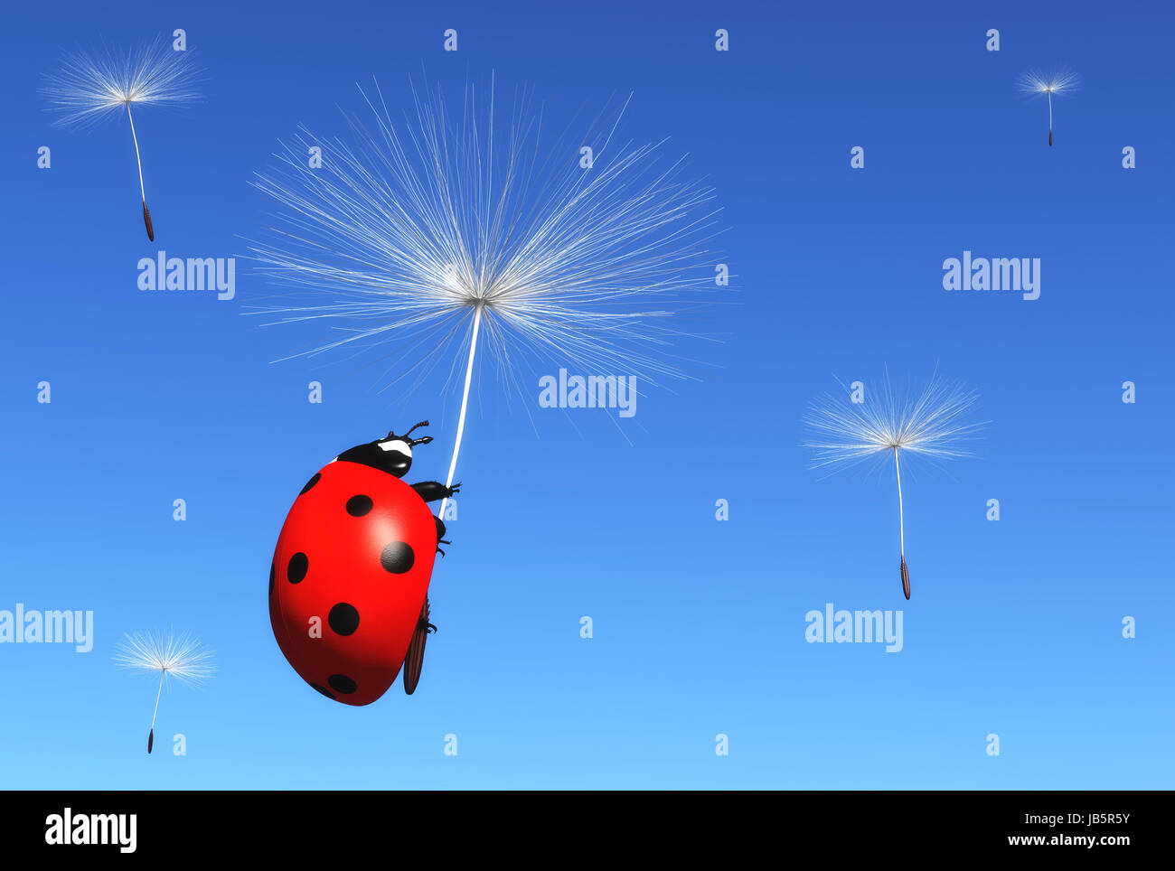 a ladybug is clinging to a floret of a dandelion which is carried by ...