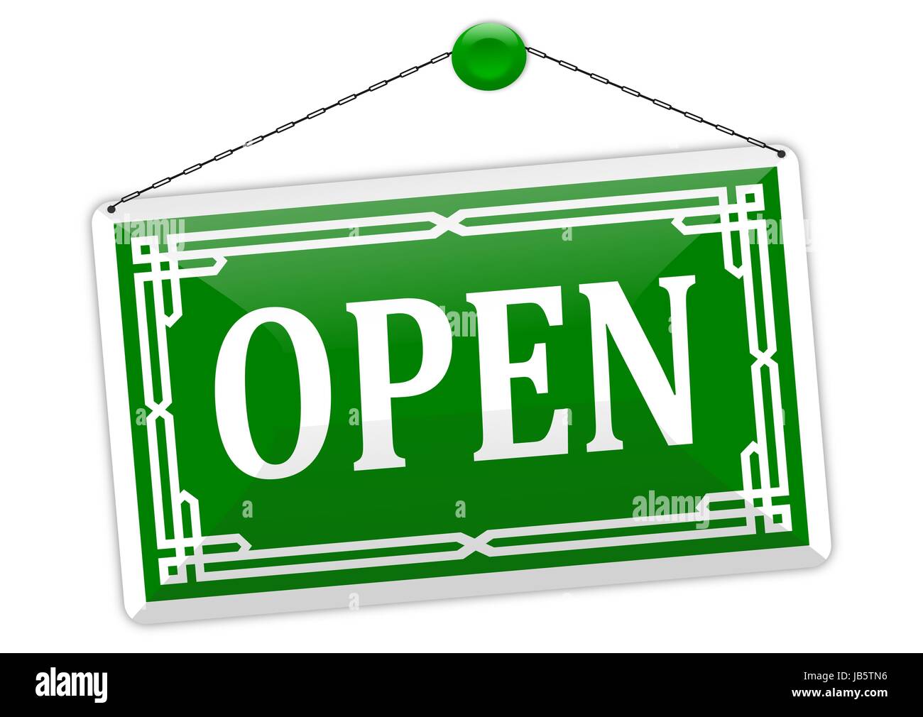 Green sign on the chain with the word "open" - illustration Stock Photo ...