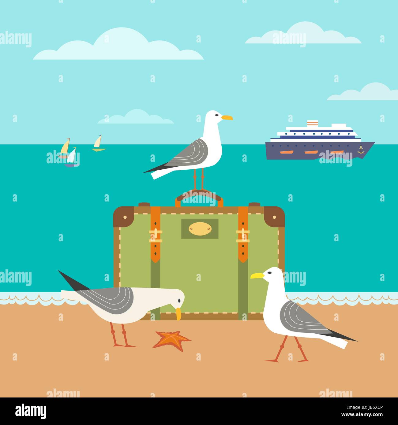Nautical poster concept. Seagulls on sandy beach Stock Vector Image ...