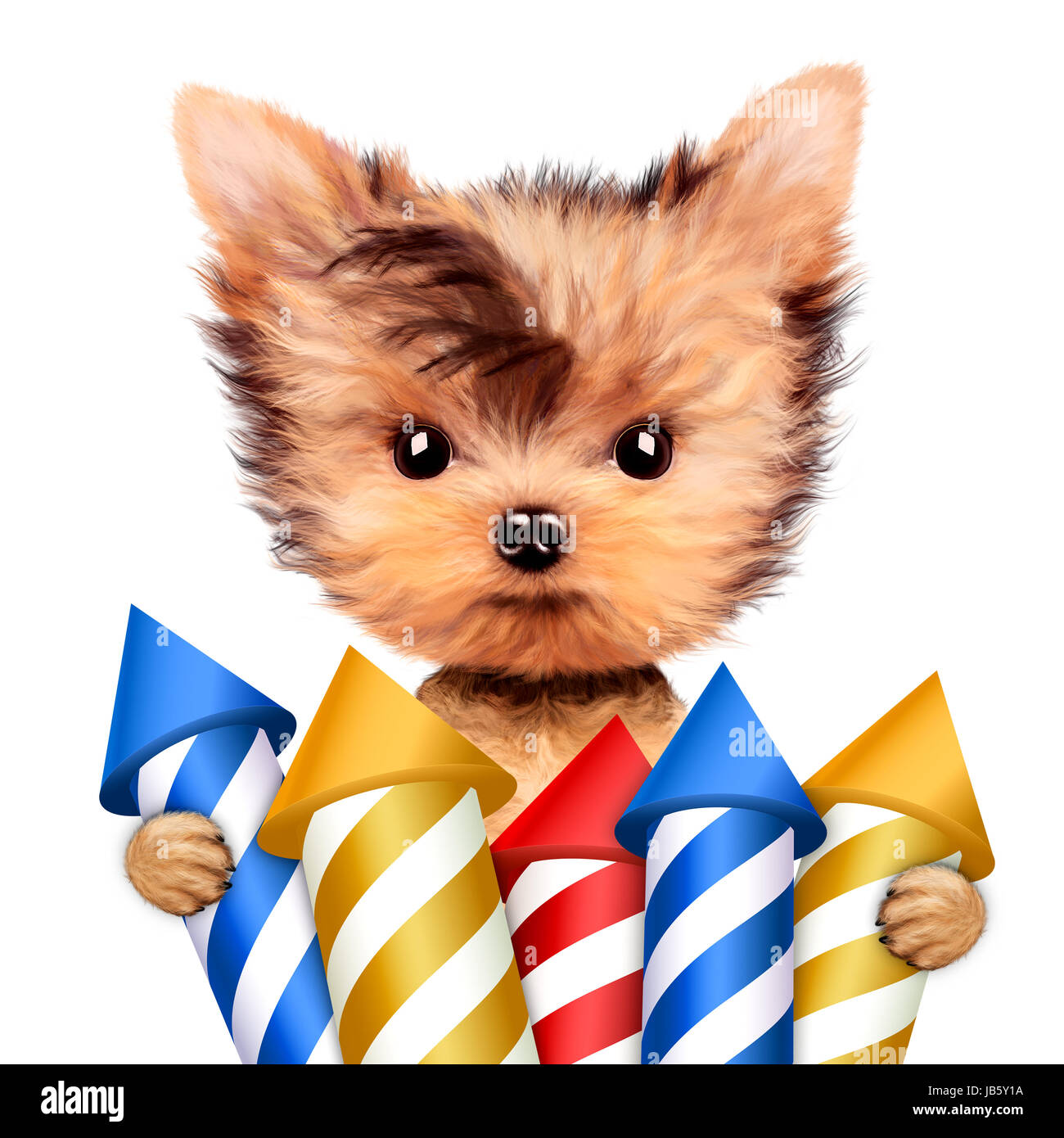 Funny dog holding firework rockets isolated on white background ...