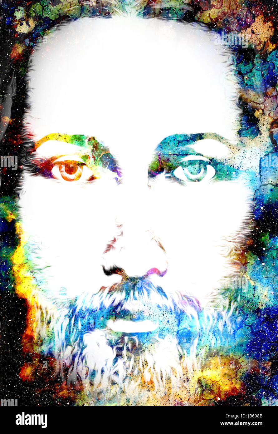 Jesus Christ painting with radiant colorful energy of light in cosmic ...