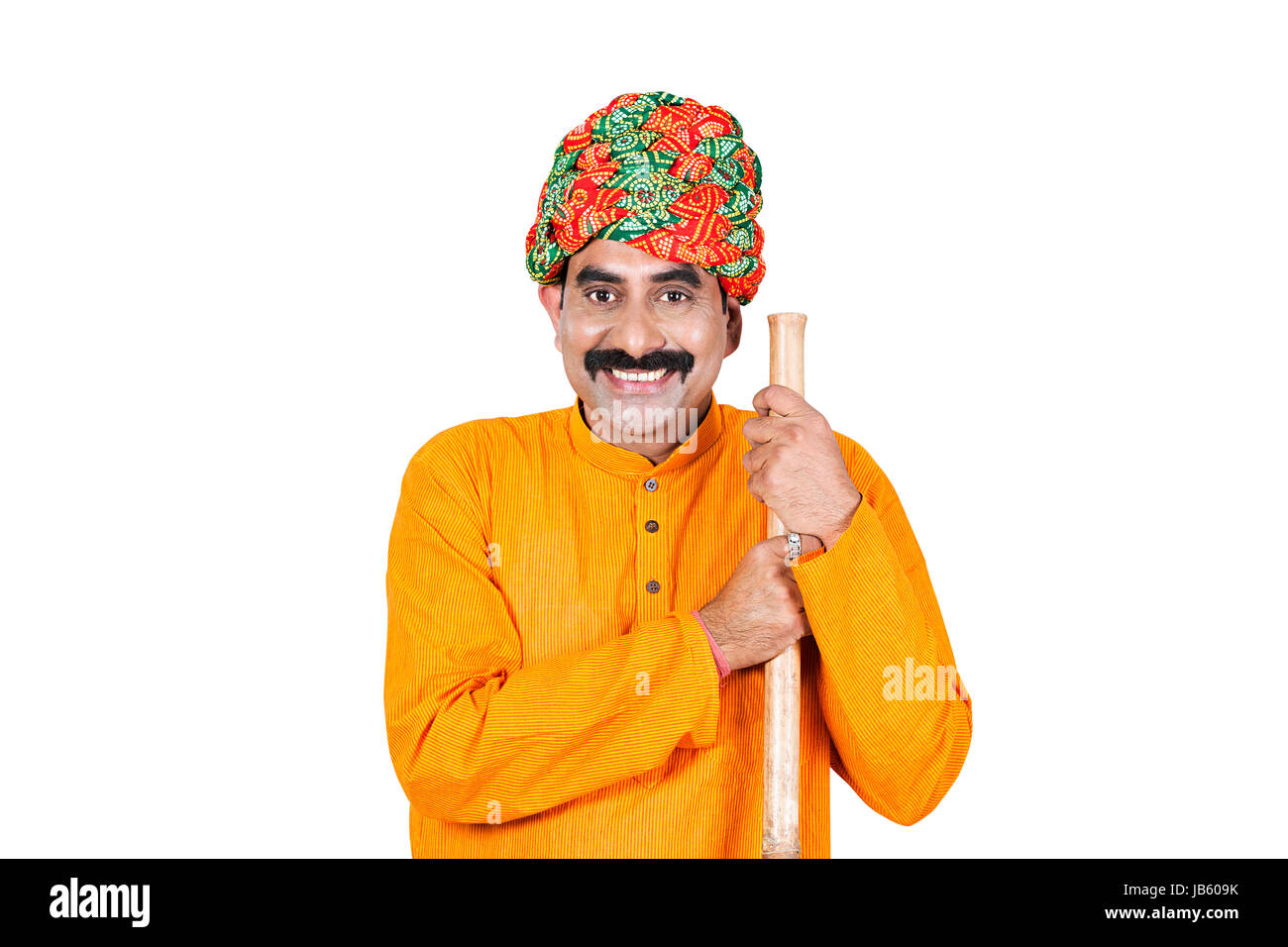 Smiling 1 Indian Rural Villager Gujrati Man holding a stick On White ...