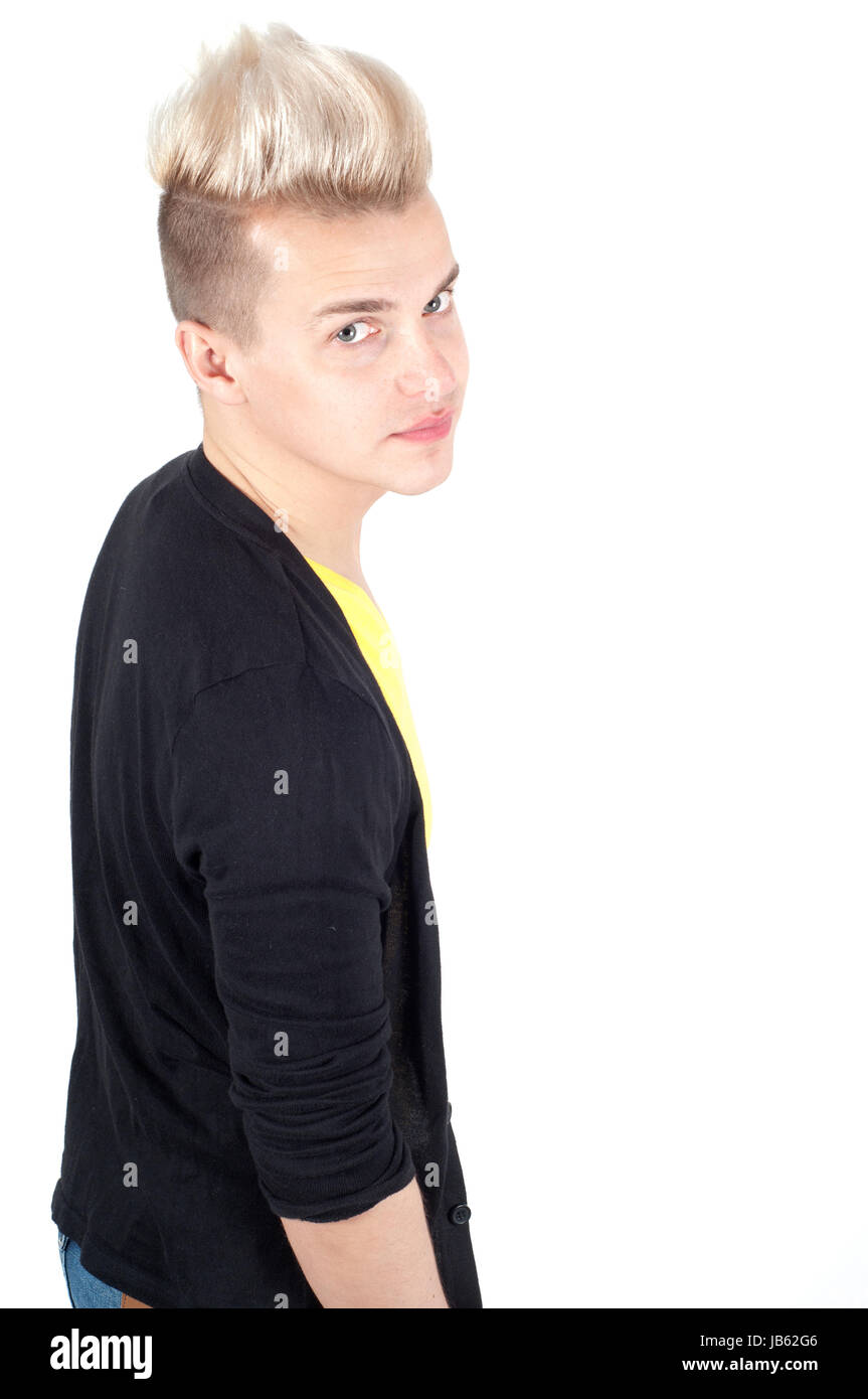 Portrait of handsome man looking back over his shoulder isolated on ...