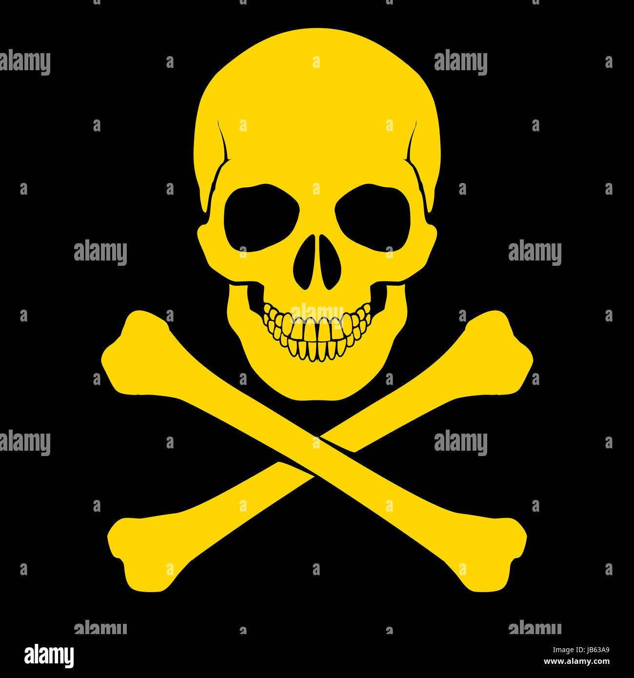 Yellow skull and cross-bones on black background as symbol of danger ...