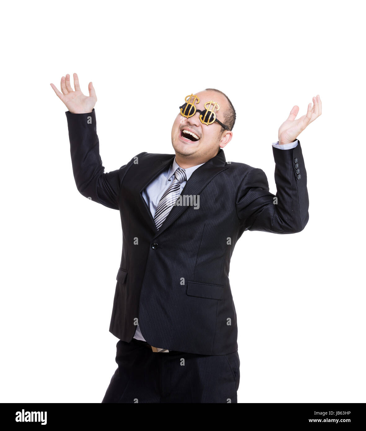 Rich businessman wear dollar sign glasses and hand up Stock Photo - Alamy