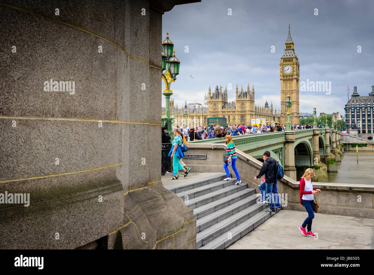 People (tourists and pedestrians) on the Westminster Bridge with the ...