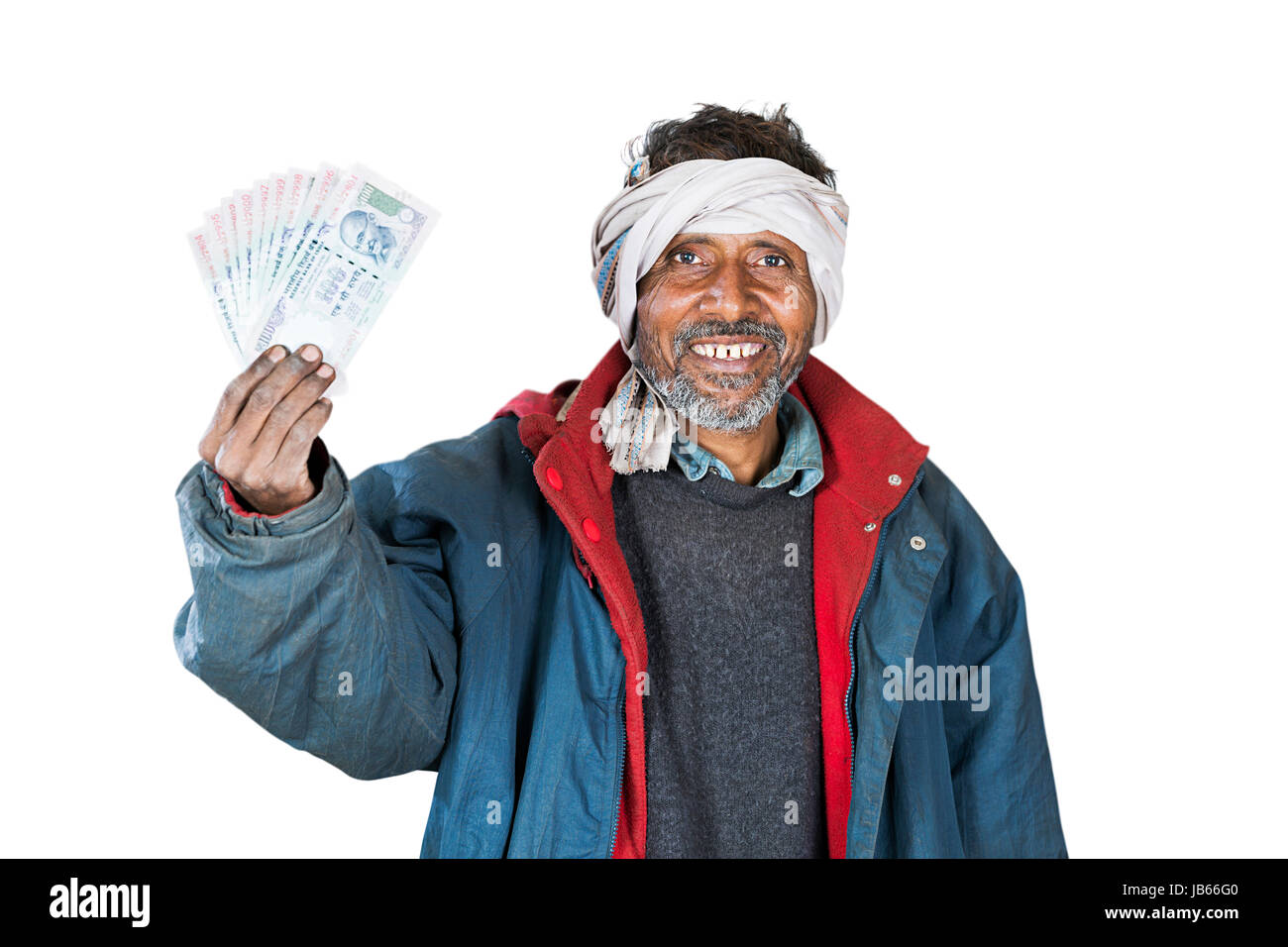 Happy 1 Indain Rural Man Showing Rupees Notes On White background Money ...