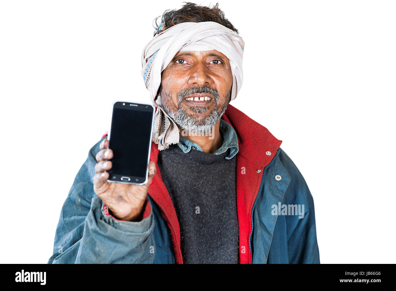 1 Indian Rural man Showing New Mobile Phone Studio Shot On White ...