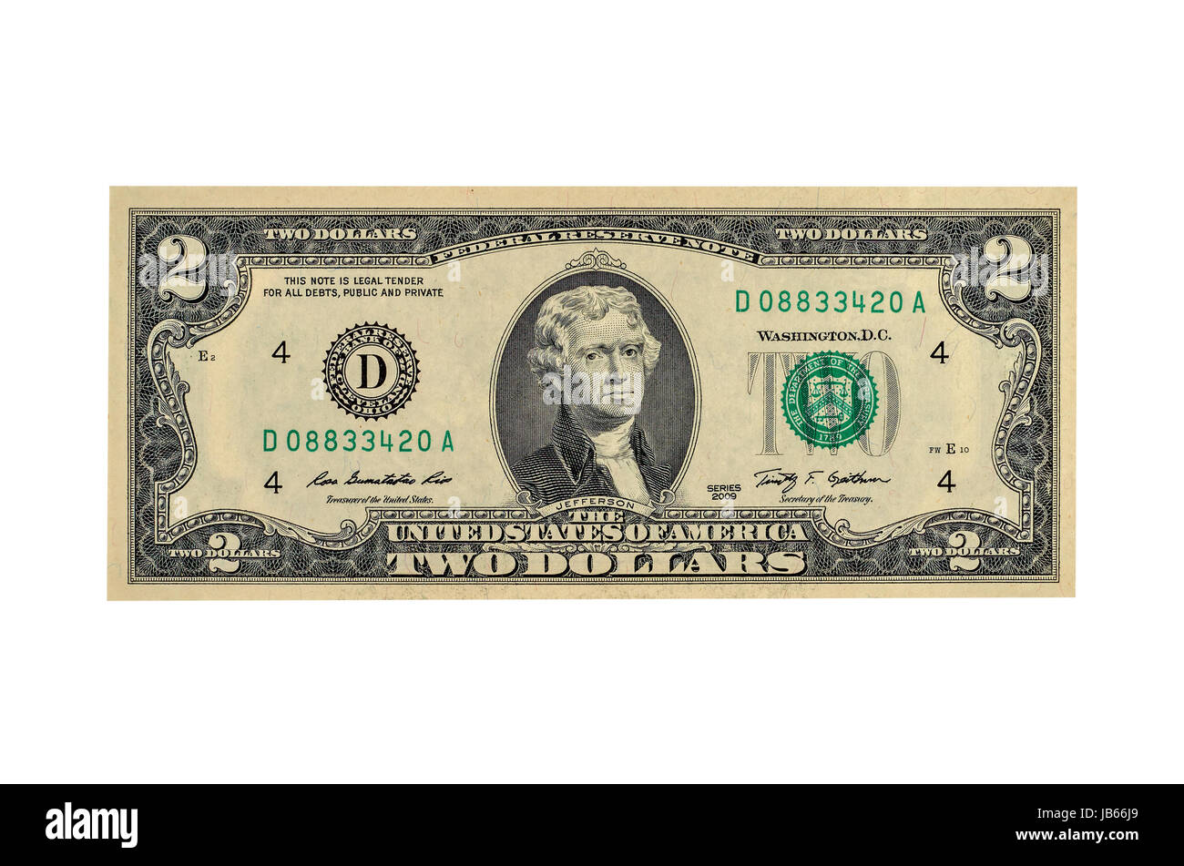 Close up of two dollars isolated on white background Stock Photo - Alamy