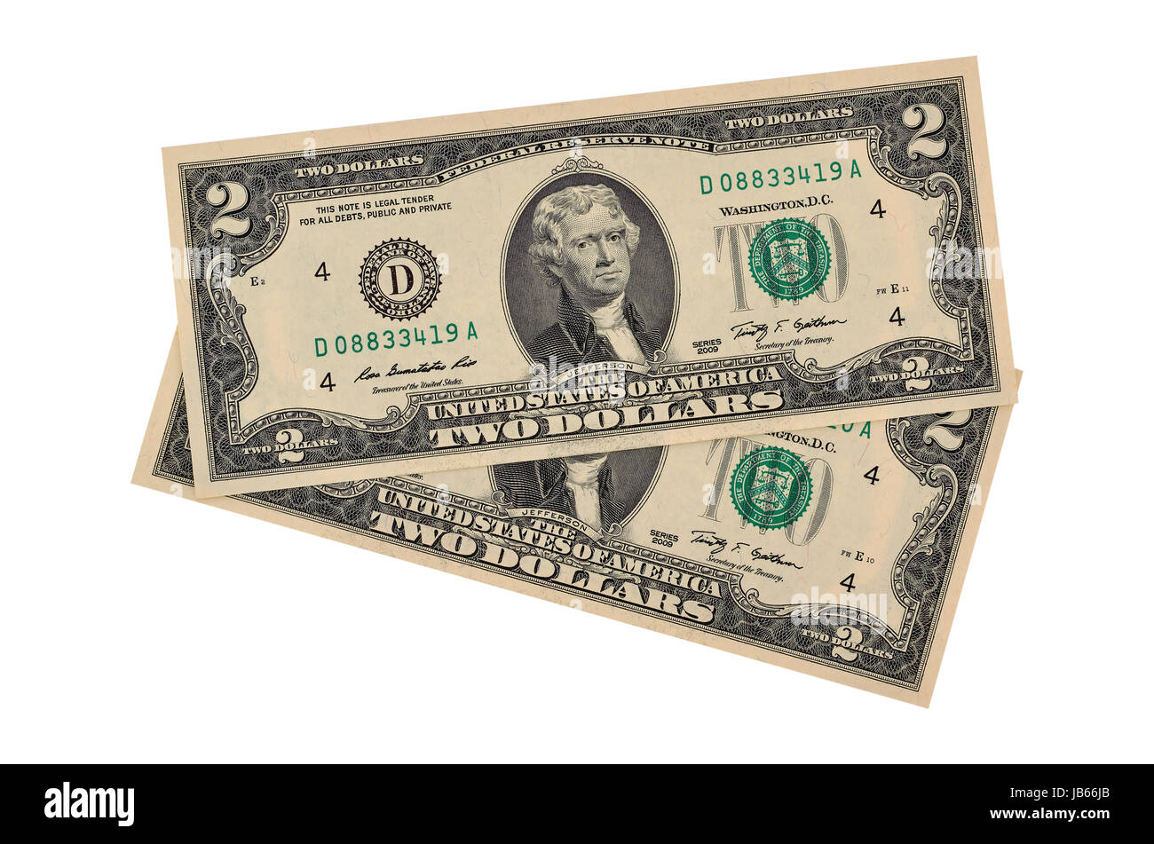 Close up of two dollars isolated on white background Stock Photo - Alamy