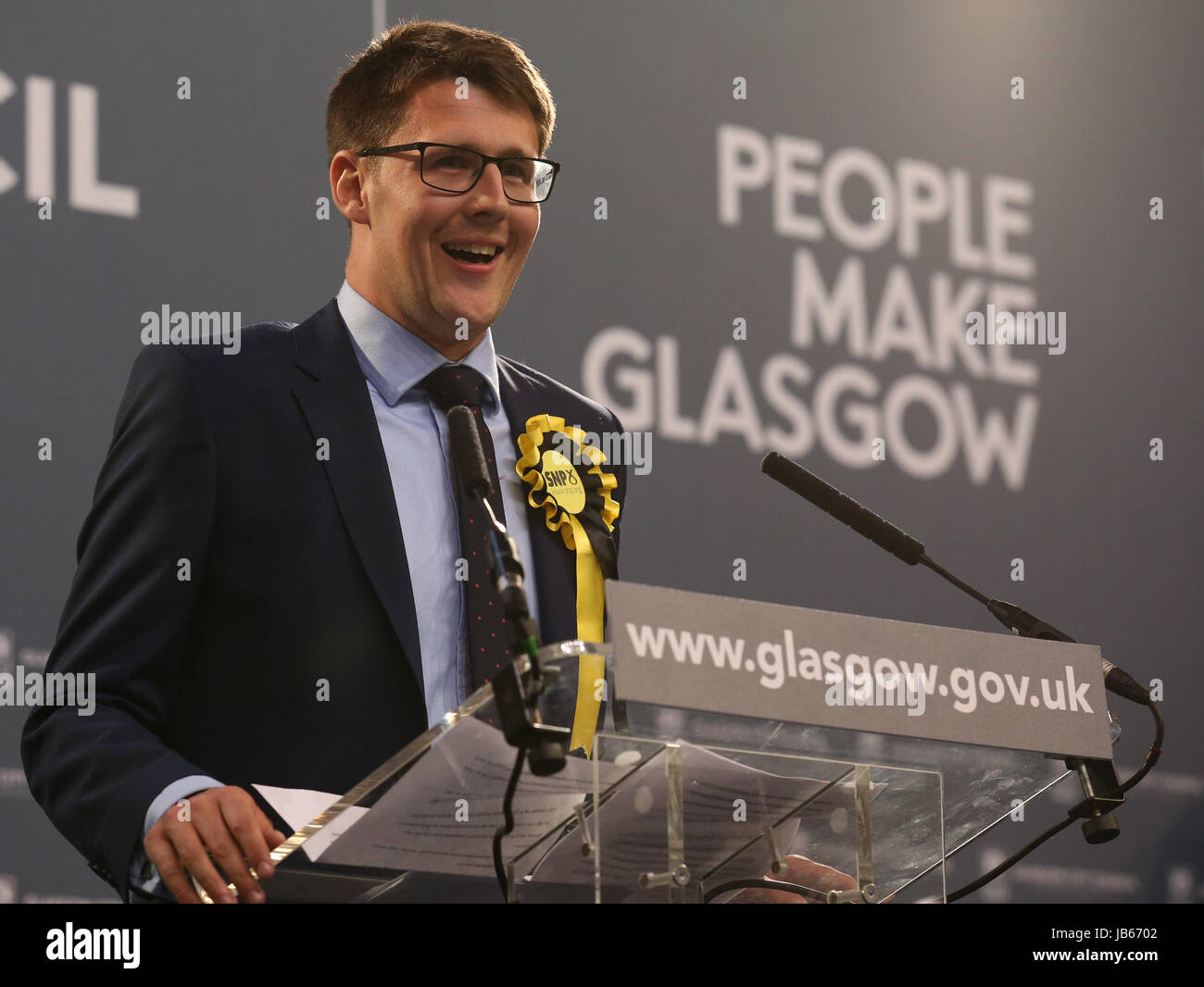 SNP's David Linden, MP for Glasgow East, makes his speech after winning ...