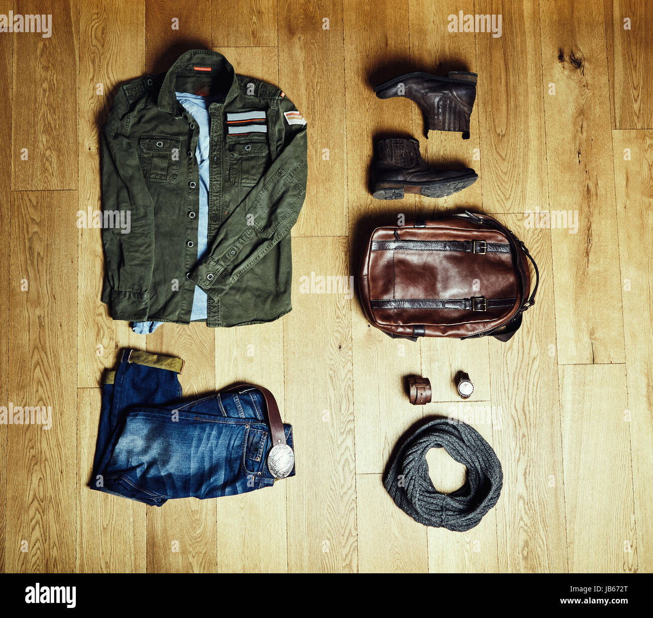 top view. Mens clothes and accessories on wooden background Stock Photo ...