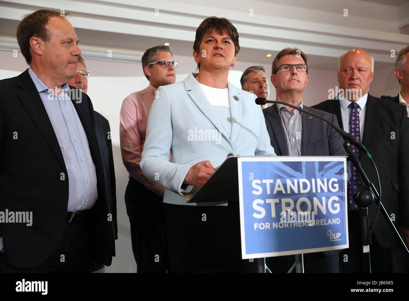 DUP leader Arlene Foster, with MP's, speaking at the Stormont Hotel in ...
