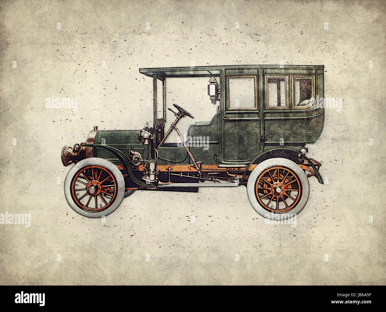 Vintage retro car hatching hand drawing. Green antique automobile over ...