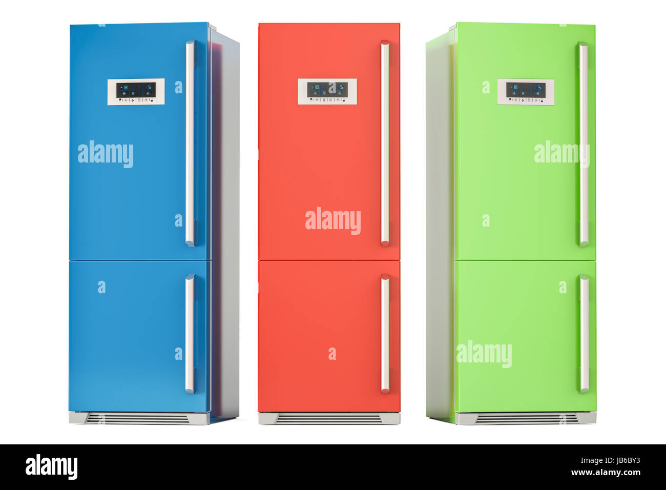 Set of colored refrigerators, 3D rendering isolated on white background ...