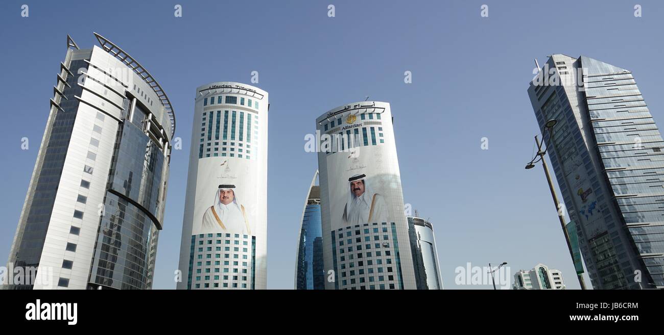 View of the Alfardan Towers twin skyscrapers located in the West Bay ...