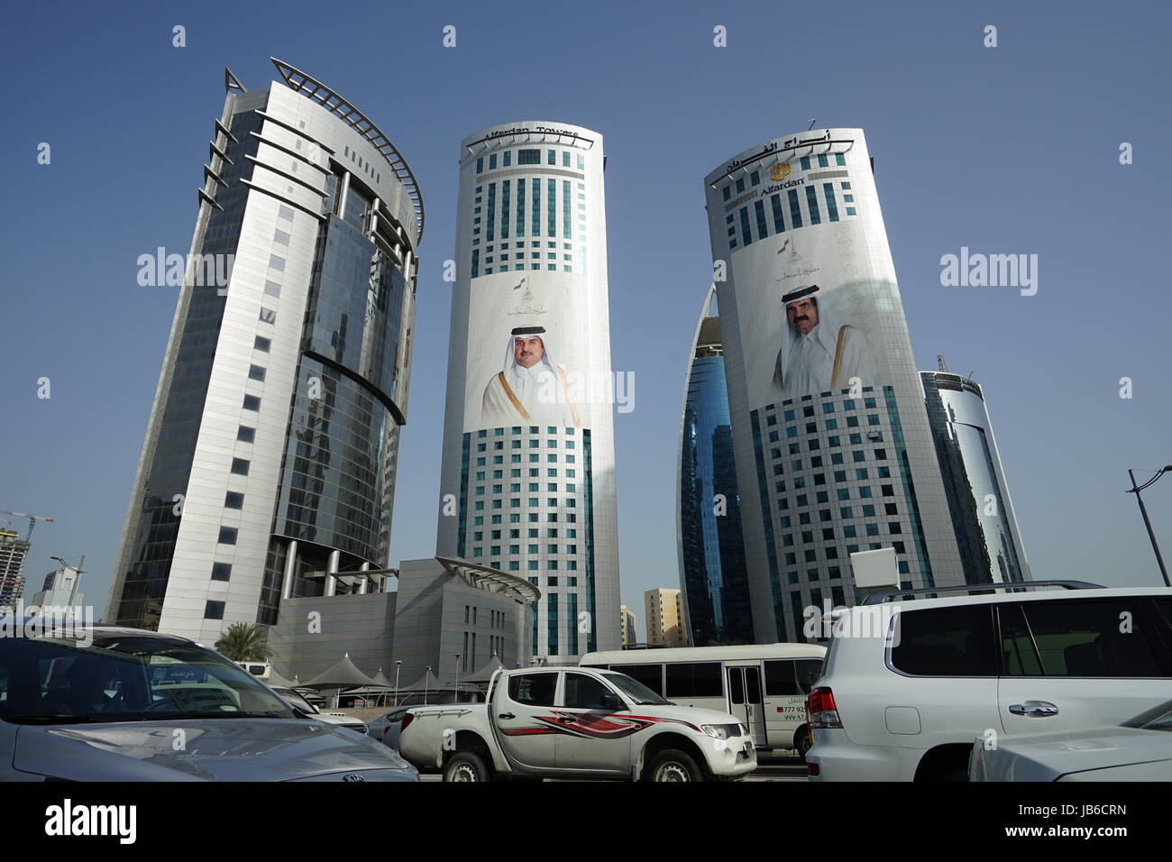 View of the Alfardan Towers twin skyscrapers located in the West Bay ...