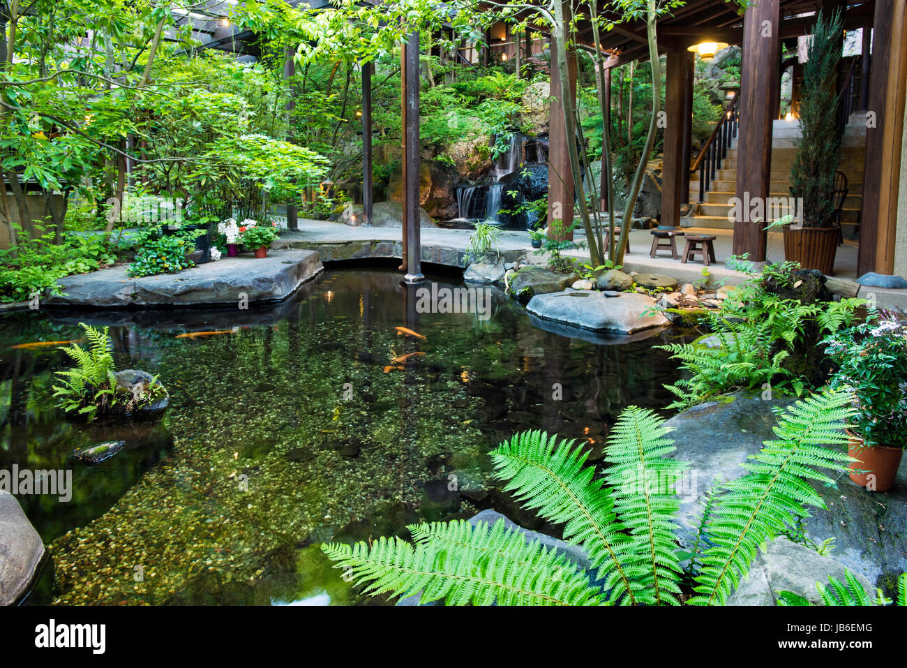 A fishpond at Iwanoyu ryokan, Seni Onsen, Nagano, Japan Stock Photo - Alamy