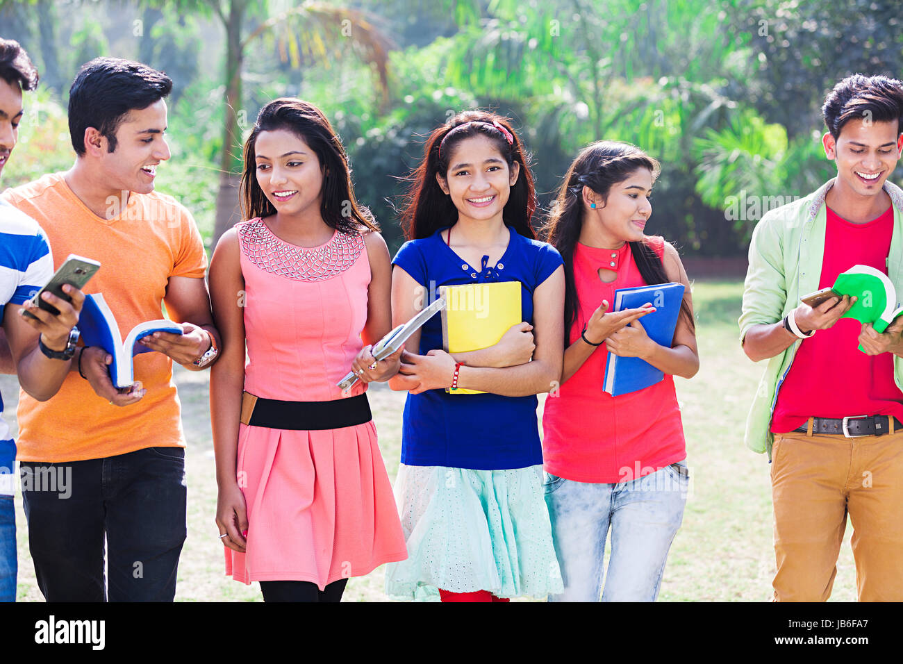 Happy Group College Friends Students Together Walking In Park Stock ...