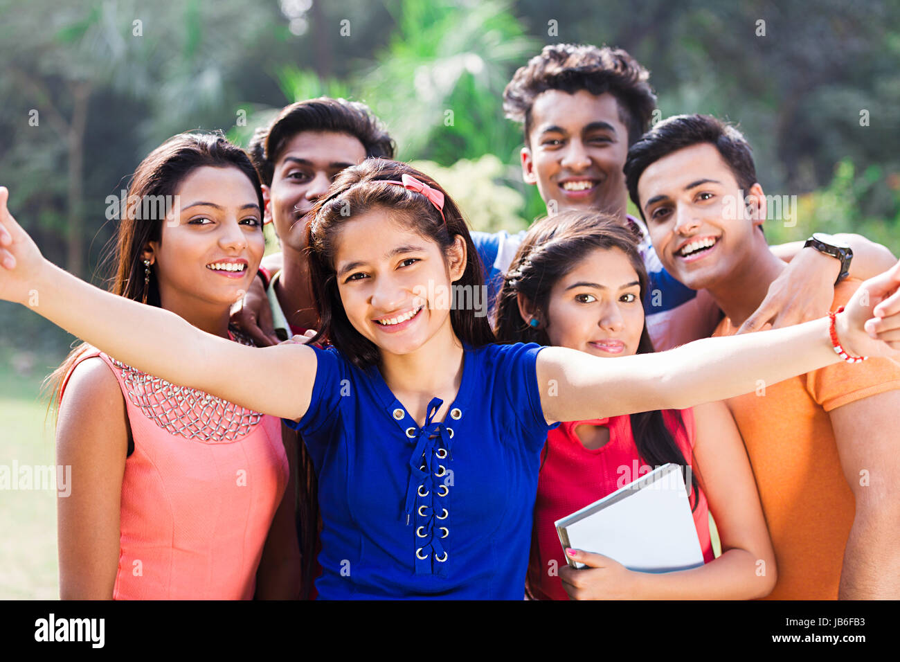 Group College Friends Students Standing Together In Park Enjoying Stock ...