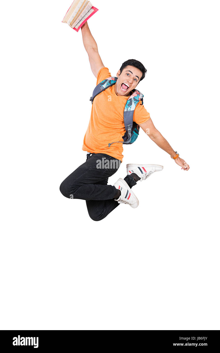 Happy 1 Indian College Young man Mid-Air Jumping Shouting Success ful ...