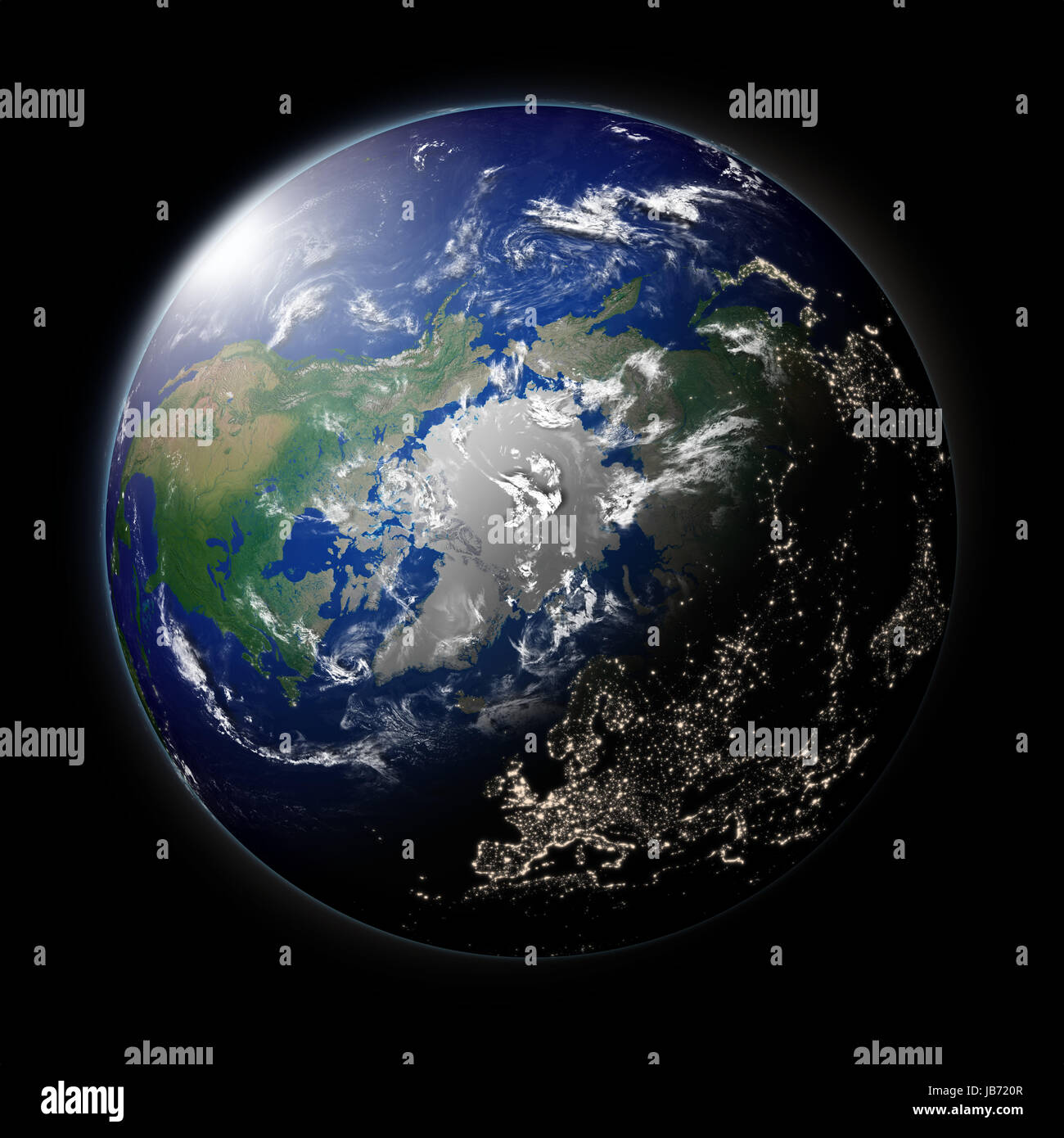 Northern hemisphere on Earth viewed from above north pole with visible ...